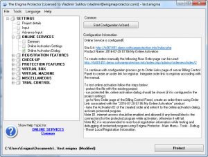 Basic configuration of Enigma Protector with online activation